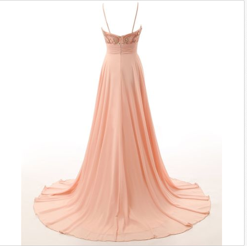 Light Peach Long Prom Dresses, Straps Prom Gowns,beaded Evening Dresses ...