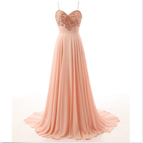 Light Peach Long Prom Dresses, Straps Prom Gowns,beaded Evening Dresses ...