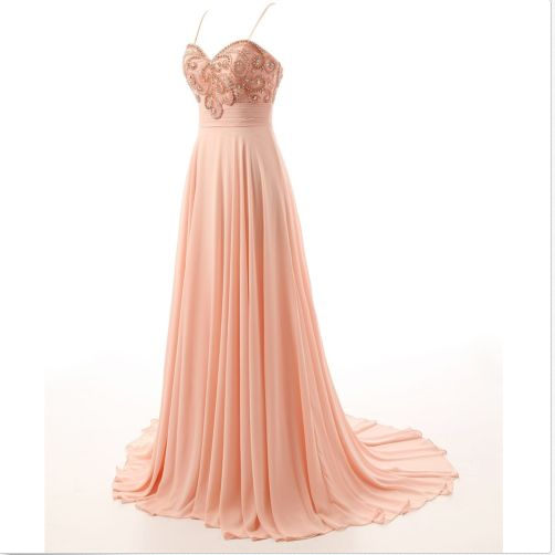 Light Peach Long Prom Dresses, Straps Prom Gowns,beaded Evening Dresses ...